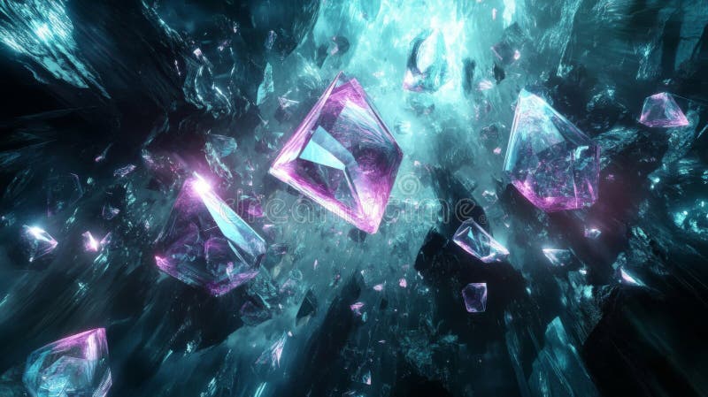 Glowing Pink and Blue Crystal Fragments Falling in a Dark Cave Stock ...
