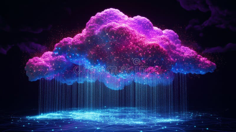 Glowing Pink and Blue Digital Cloud Raining Data, Futuristic Concept ...