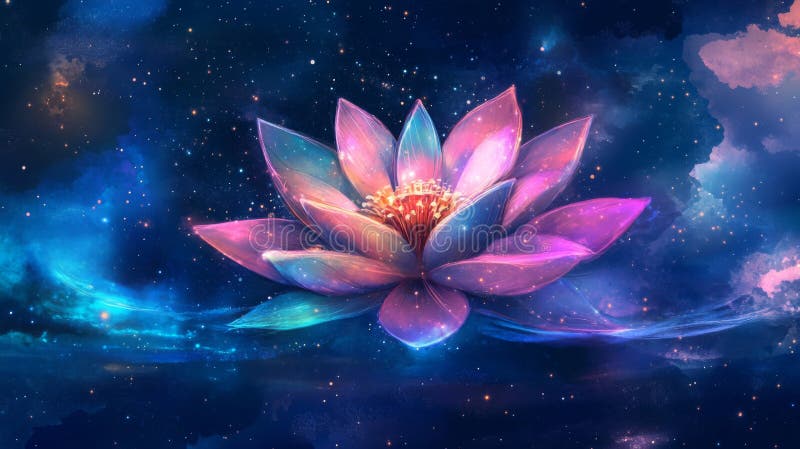 Glowing Pink Blue Lotus Flower in Cosmic Nebula Stock Illustration ...