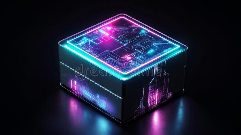 Glowing Pink and Blue Neon Cube Abstract Technology Background Stock ...