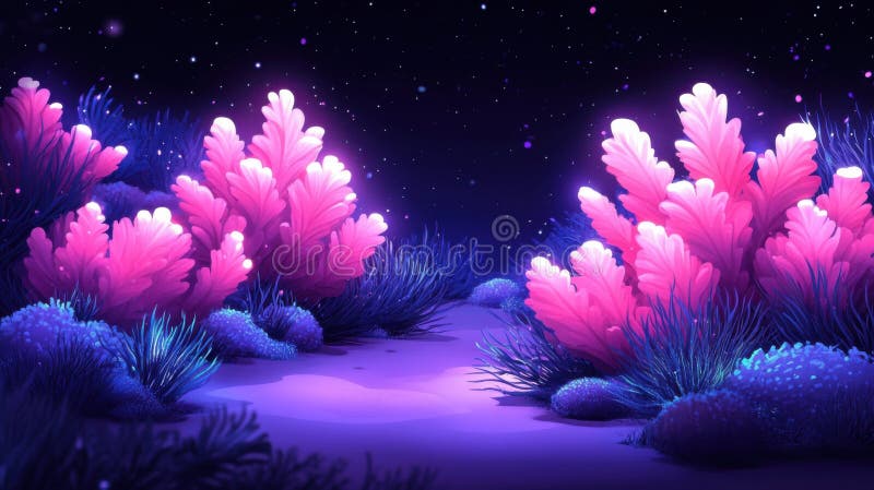 Glowing Pink and Blue Plants in a Pixel Art Night Landscape Stock Image ...