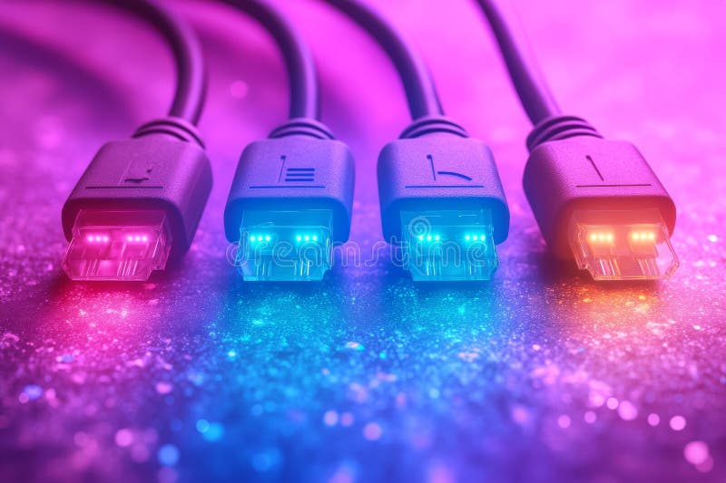 Glowing Pink Blue and Purple USB Cables Connected on a Bright Surface ...