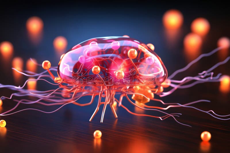 A Glowing Pink Brain with Lights on it S Sides and Wires, Dark ...
