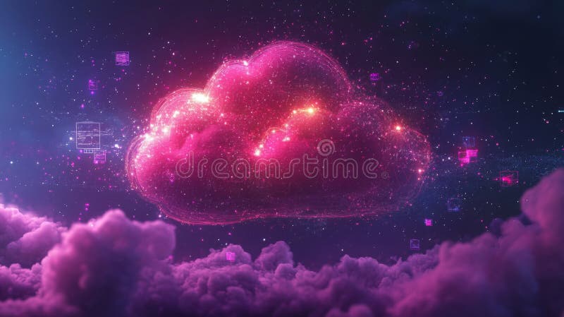 Glowing Pink Cloud Computing Network in Night Sky Stock Illustration ...