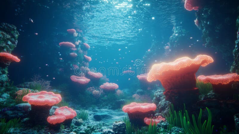 Glowing Pink Coral Reef in a Deep Blue Ocean Stock Illustration ...