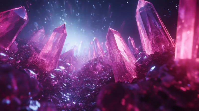 Glowing Pink Crystal Formations in a Dark Cave Stock Photo - Image of ...