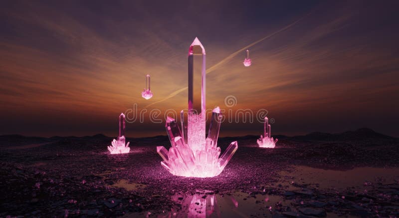 Glowing Pink Crystals Emerge from Ground at Sunset in Mystical ...