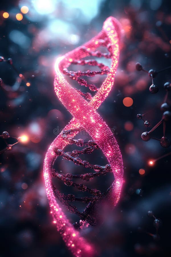 Glowing Pink Dna Strand Helix Amidst Molecular Structures in Dark ...