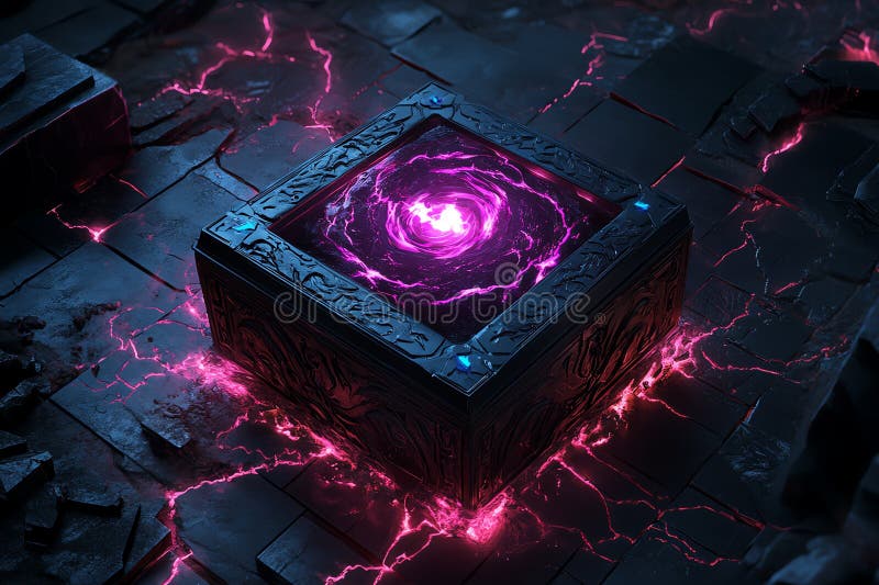 A Glowing Pink Energy Core Encased in a Dark, Stone Cube with Electric ...