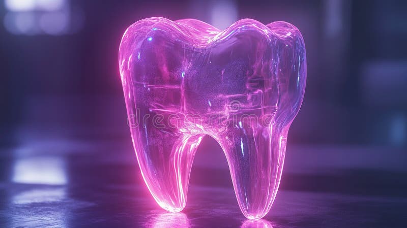 Glowing Pink Glass Tooth Model on Dark Surface Stock Illustration ...