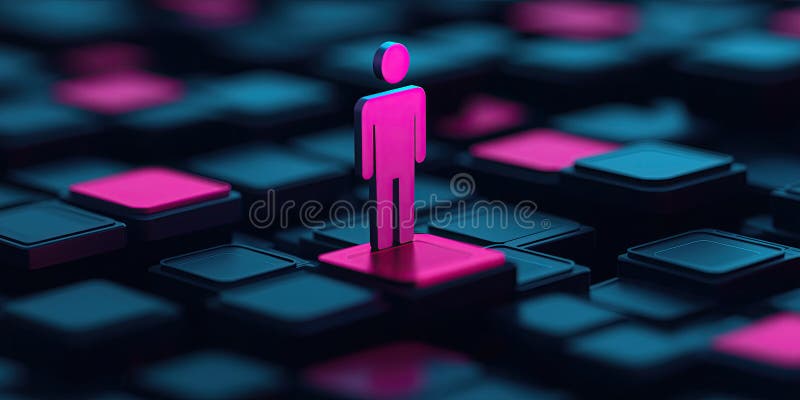 Glowing Pink Human Figure Stands on Digital Platform Surrounded by Dark ...