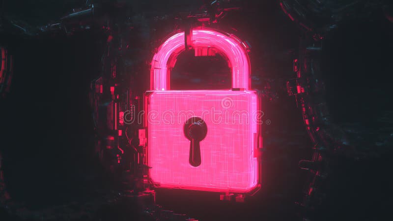 Glowing Pink Lock Surrounded by Digital Circuitry in a Dark, Tech ...