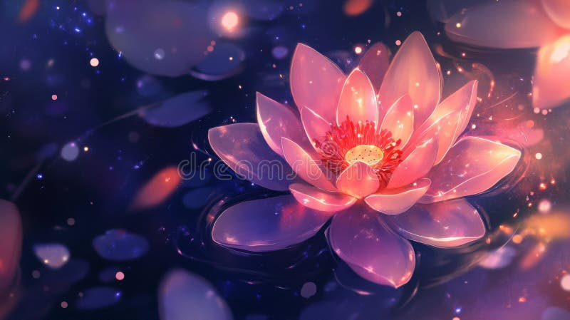 Glowing Pink Lotus Flower in Dark Water at Night Stock Illustration ...