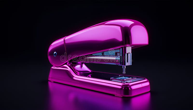 Glowing Pink Metallic Stapler on Black Reflective Surface Stock ...