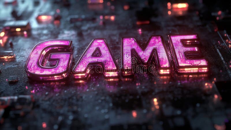 Glowing Pink Neon Game Text on Dark Surface Stock Illustration ...