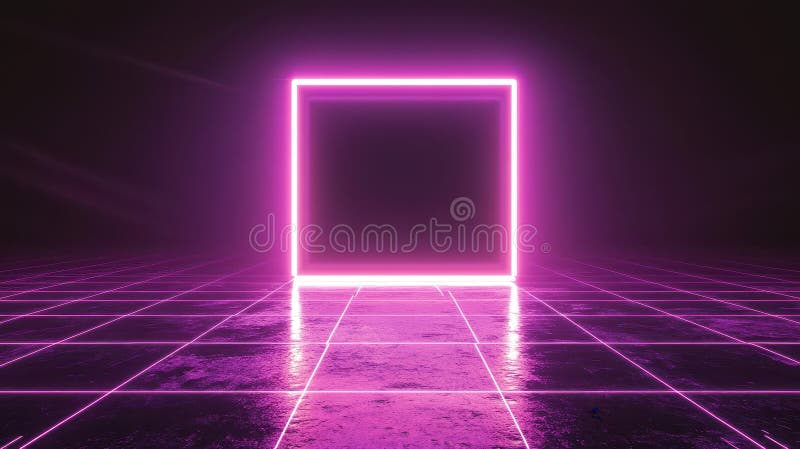 A Glowing Pink Neon Rectangular Frame on a Dark Checkered Floor Stock ...