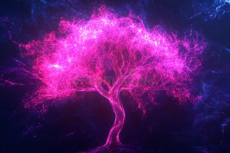 Glowing Pink Neon Tree with Abstract Light Trails on Dark Futuristic ...