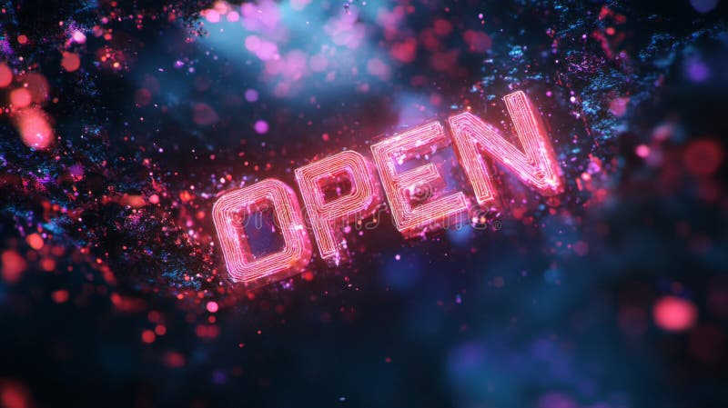 Glowing Pink Open Sign with Blue Sparkles Stock Illustration ...