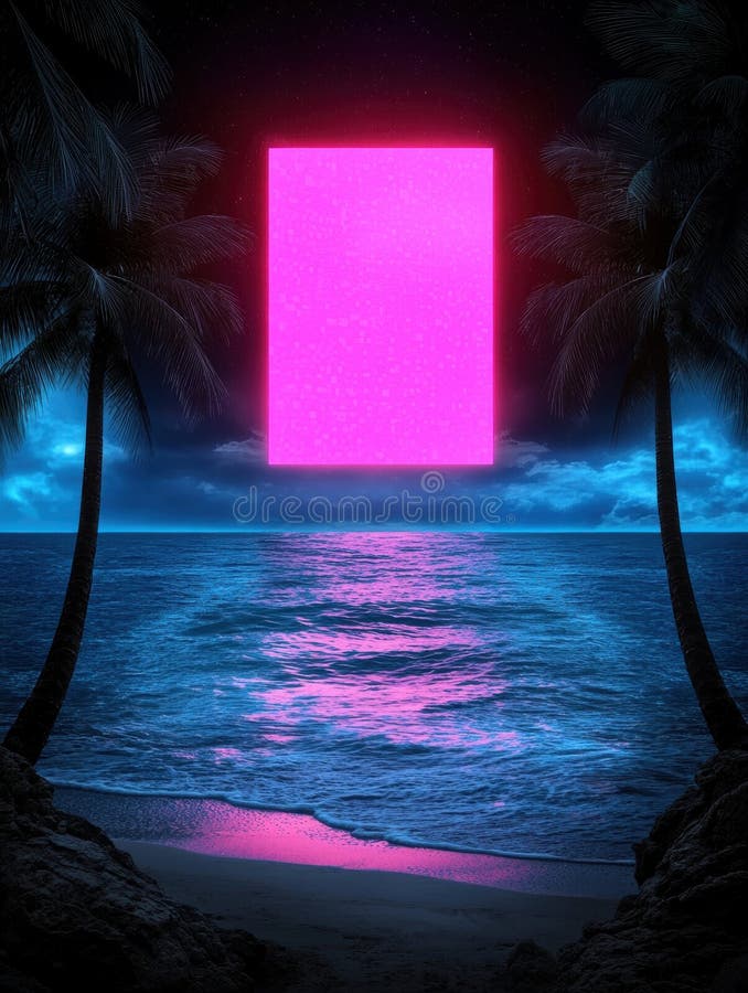 Glowing Pink Portal Over Tropical Beach at Night Stock Illustration ...