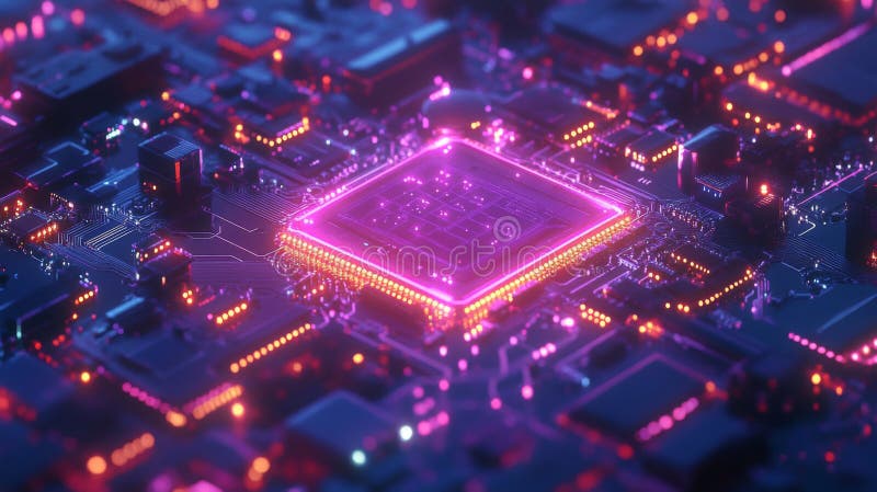 Glowing Pink Processor on a Circuit Board Stock Illustration ...