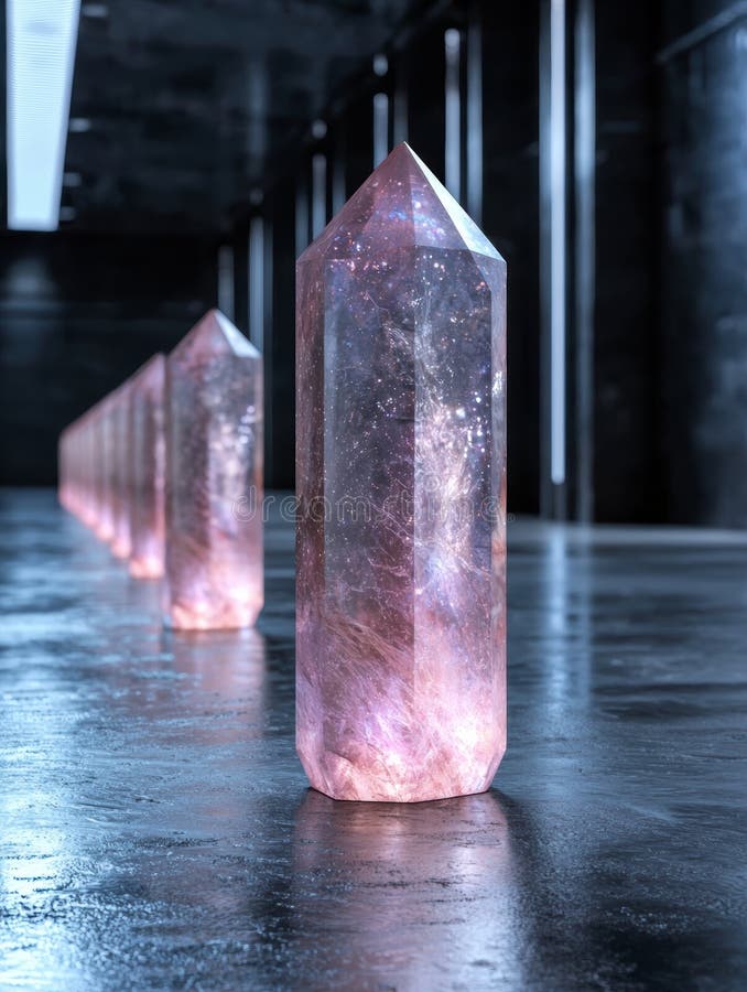 Glowing Pink Quartz Crystals on Dark Reflective Surface Stock ...