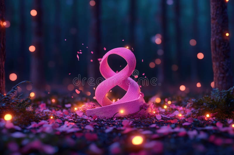 Glowing Pink Ribbon in Enchanted Forest with Magical Lights at Dusk ...