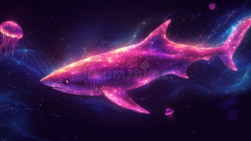 Glowing Pink Shark and Jellyfish in Cosmic Ocean Stock Illustration ...