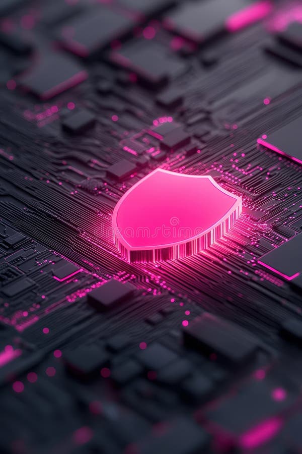 Glowing Pink Shield on Circuit Board. Data Protection for Cybersecurity ...