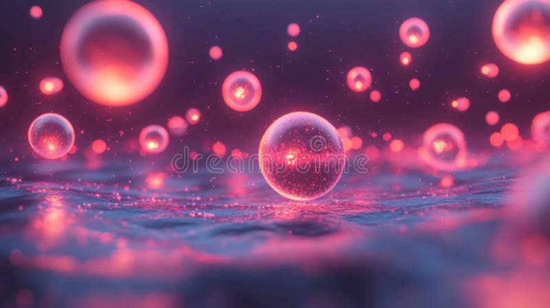 Glowing Pink Spheres Floating on Water Surface Stock Illustration ...