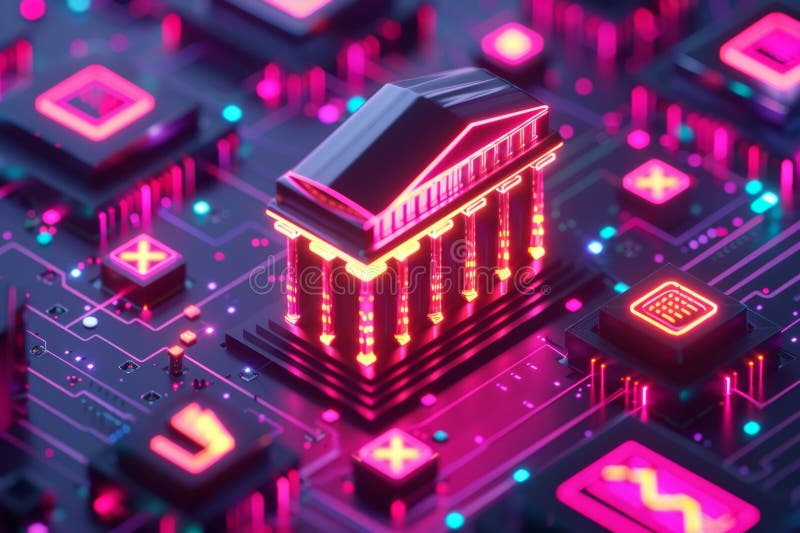 Glowing Pink Temple-like Structure Amidst Digital Financial Icons ...