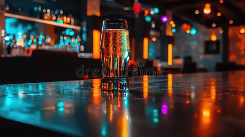 Glowing Pint on Bar Counter with Vibrant Lights in Dimly Lit Pub ...