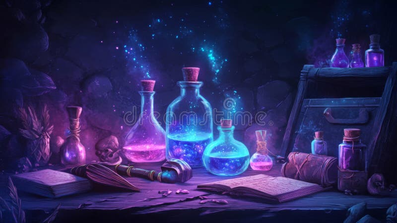 Glowing Pixel Art Still Life of Alchemy Potions and Bottles in ...