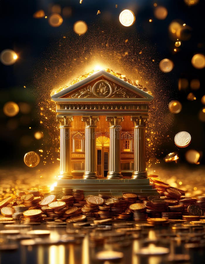 A Glowing, Pixelated Bank Building with Four Columns and the Word "BANK ...