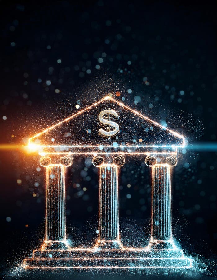 A Glowing, Pixelated Bank Building with Four Columns and the Word "BANK ...