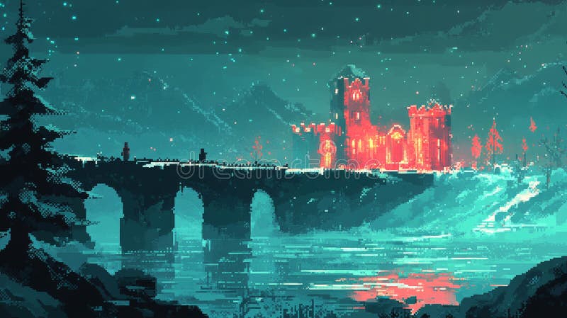 Glowing Pixelated Castle Overlooking River on Bridge Under Starry Night ...