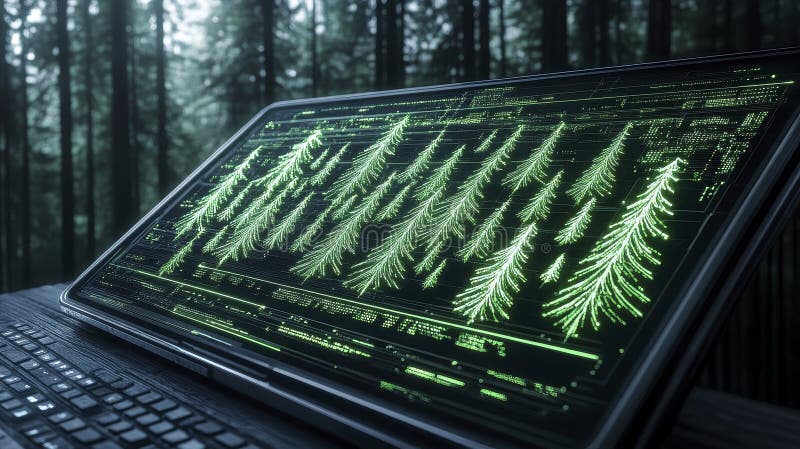 Glowing Pixelated Trees on Laptop Screen in Dark Forest Stock ...