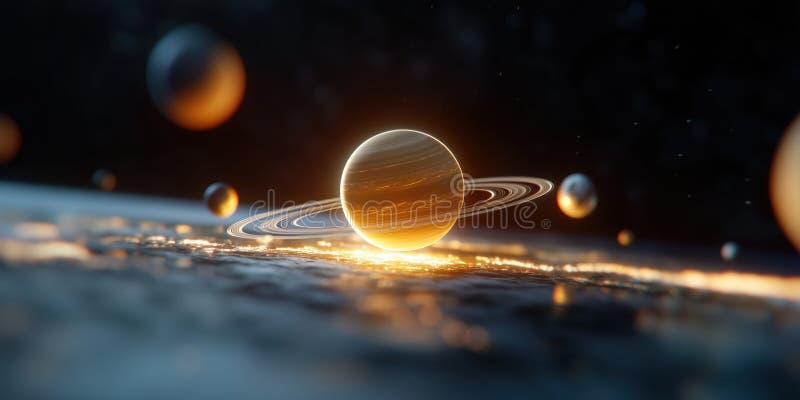 Glowing Planet with Rings Surrounded by Other Celestial Bodies Stock ...