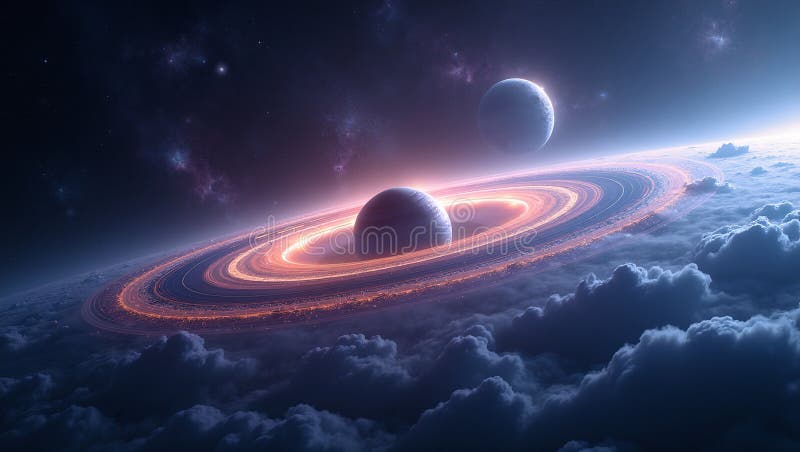 Glowing Planetary Ring System with Gas Giants Moons and Nebula Clouds ...