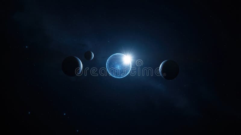 Glowing Planets Orbit Massive Blue Star Deep Space. New Planetary ...