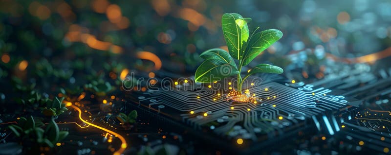 Glowing Plant Growing on Computer Chip Representing Digital E. Stock ...