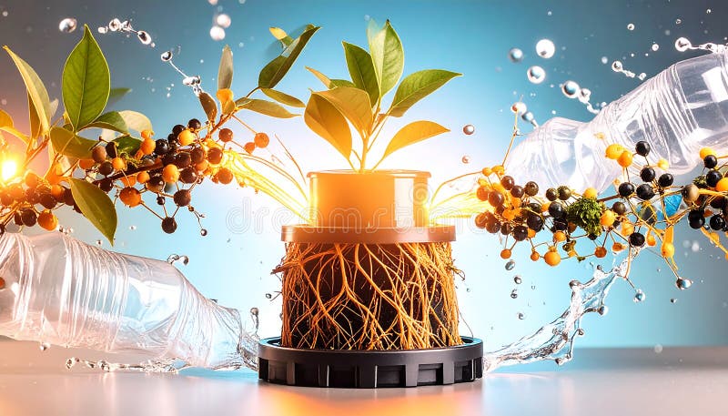 A Glowing Plant with Visible Roots is Centered Amidst Plastic Bottles ...