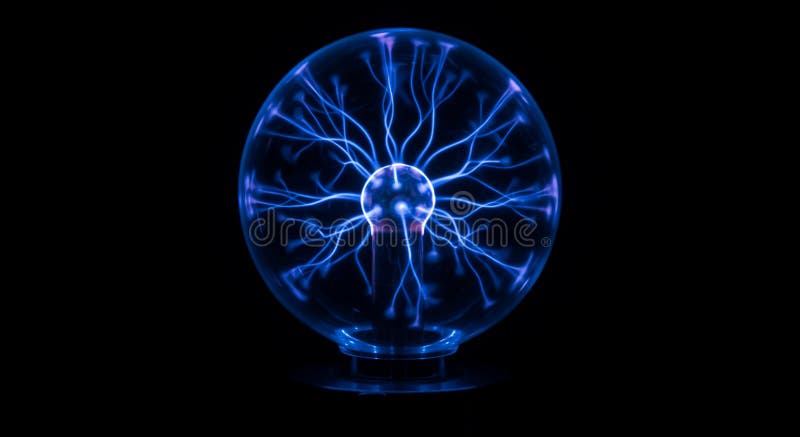 Glowing Plasma Sphere with Blue Electrical Discharges on Black Stock ...