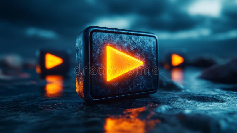 Glowing Play Button in a Dark Landscape with Dramatic Cloudy Sky and ...