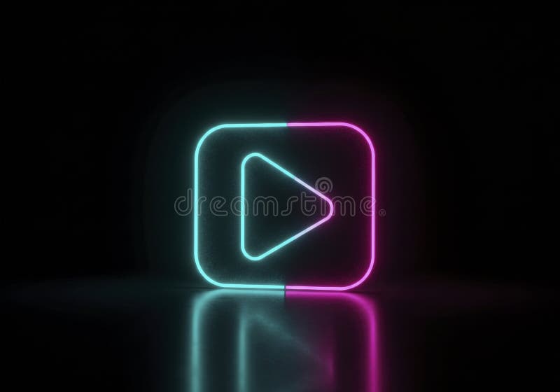 Glowing Play Button Icon Neon Light Style on Dark Reflective Surface ...