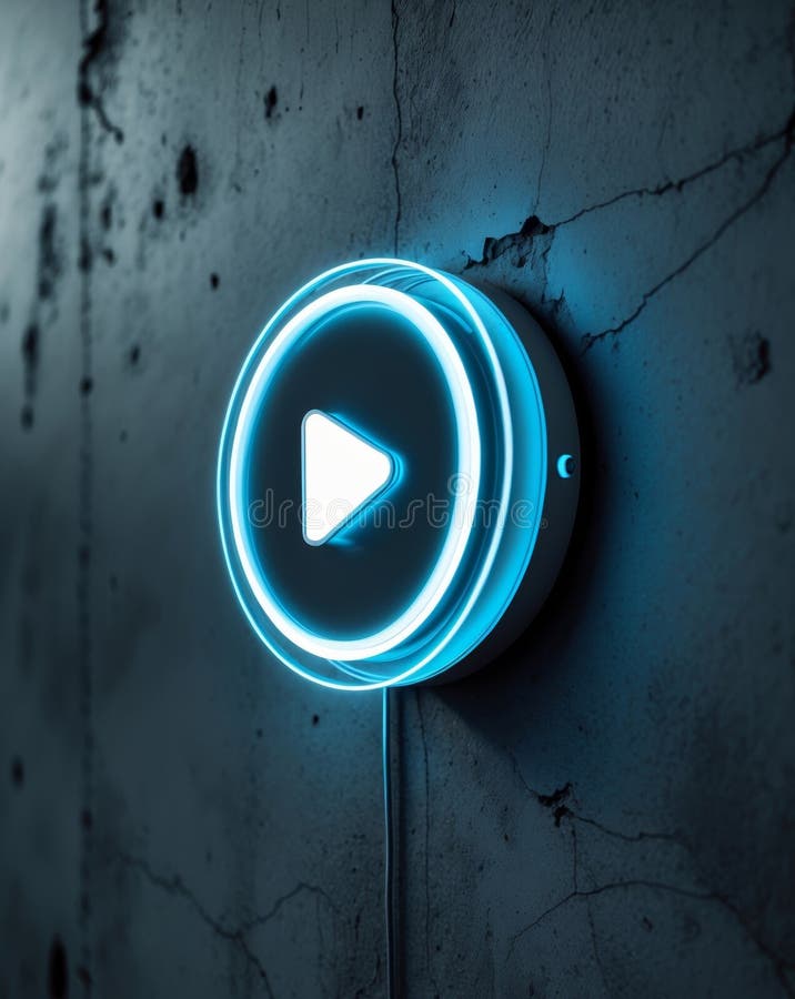 Glowing Play Button Neon Sign on Dark Concrete Wall Texture. Stock ...