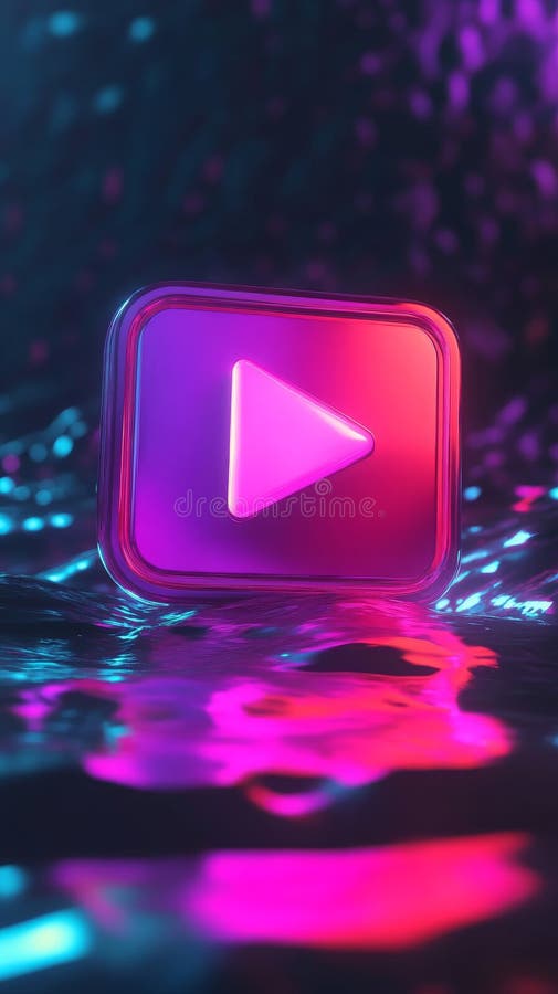 Glowing Play Button on Vibrant Liquid Surface, Neon Colors. Digital ...