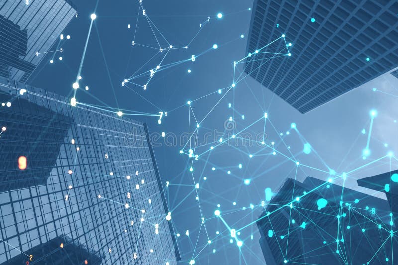 Glowing Polygonal Coding Mesh on City Wallpaper. Technology and Pattern ...