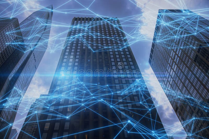 Glowing Polygonal Mesh on Bright City Wallpaper. Smart City Concept ...