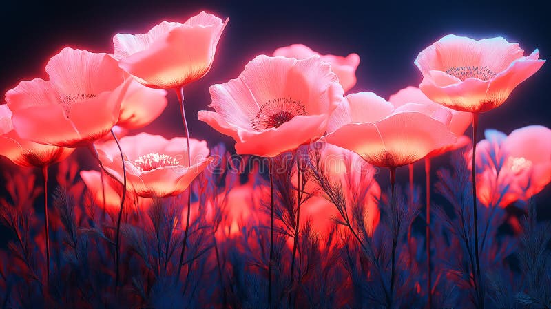 Glowing Poppy Flowers in Neon Lighting, Creating a Mesmerizing Visual ...