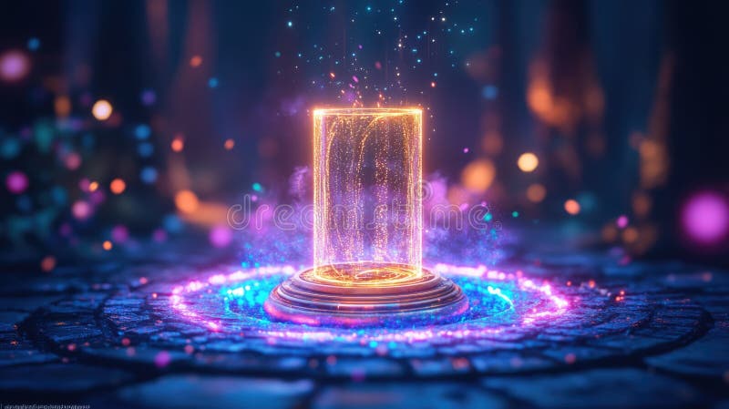 Glowing Portal Cylinder in Fantasy Forest Setting with Magical Sparkles ...